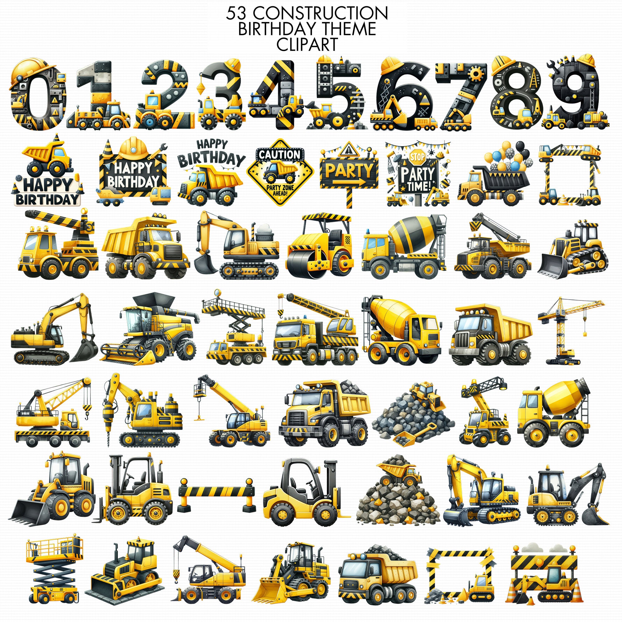 Construction Birthday Party Clipart Bundle With 0-9 Numbers, Trucks ...