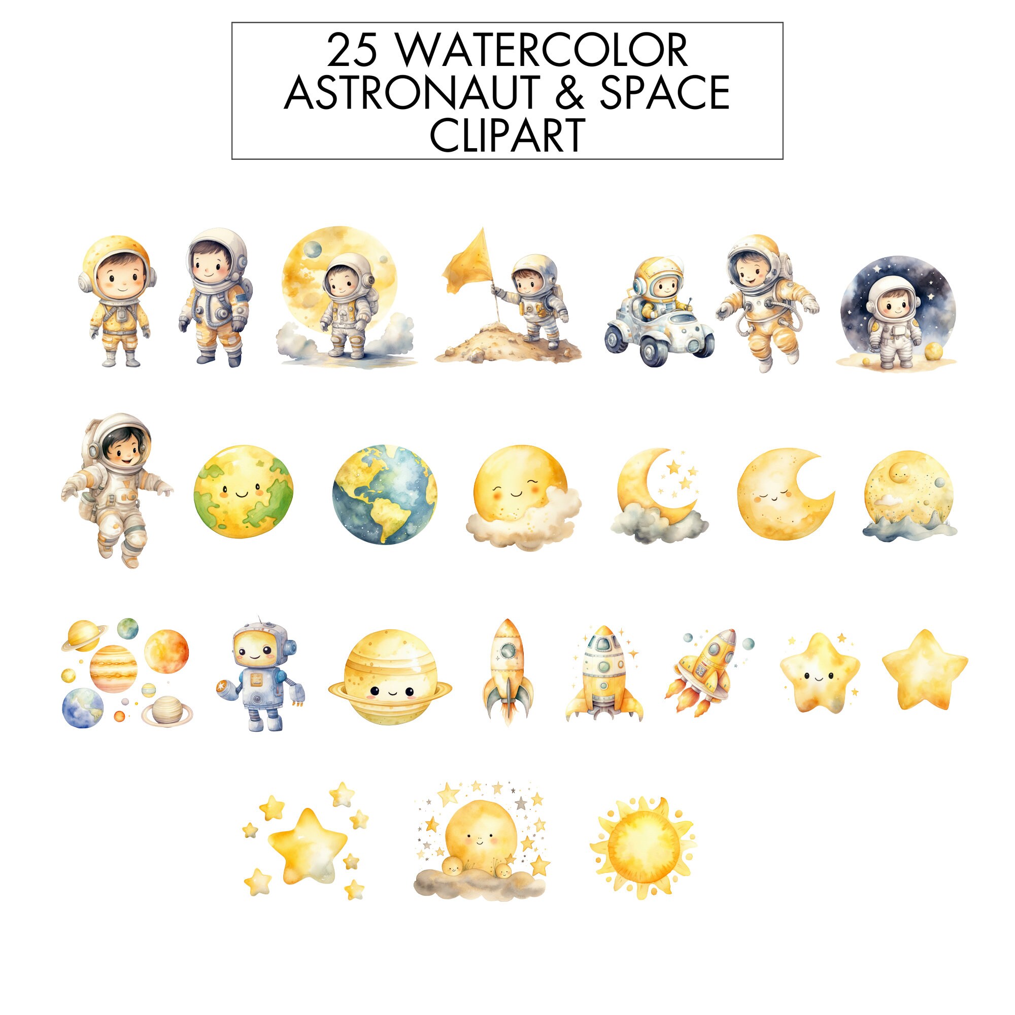 Watercolor Cute Astronaut and Space Clipart Bundle, Astronaut Nursery ...