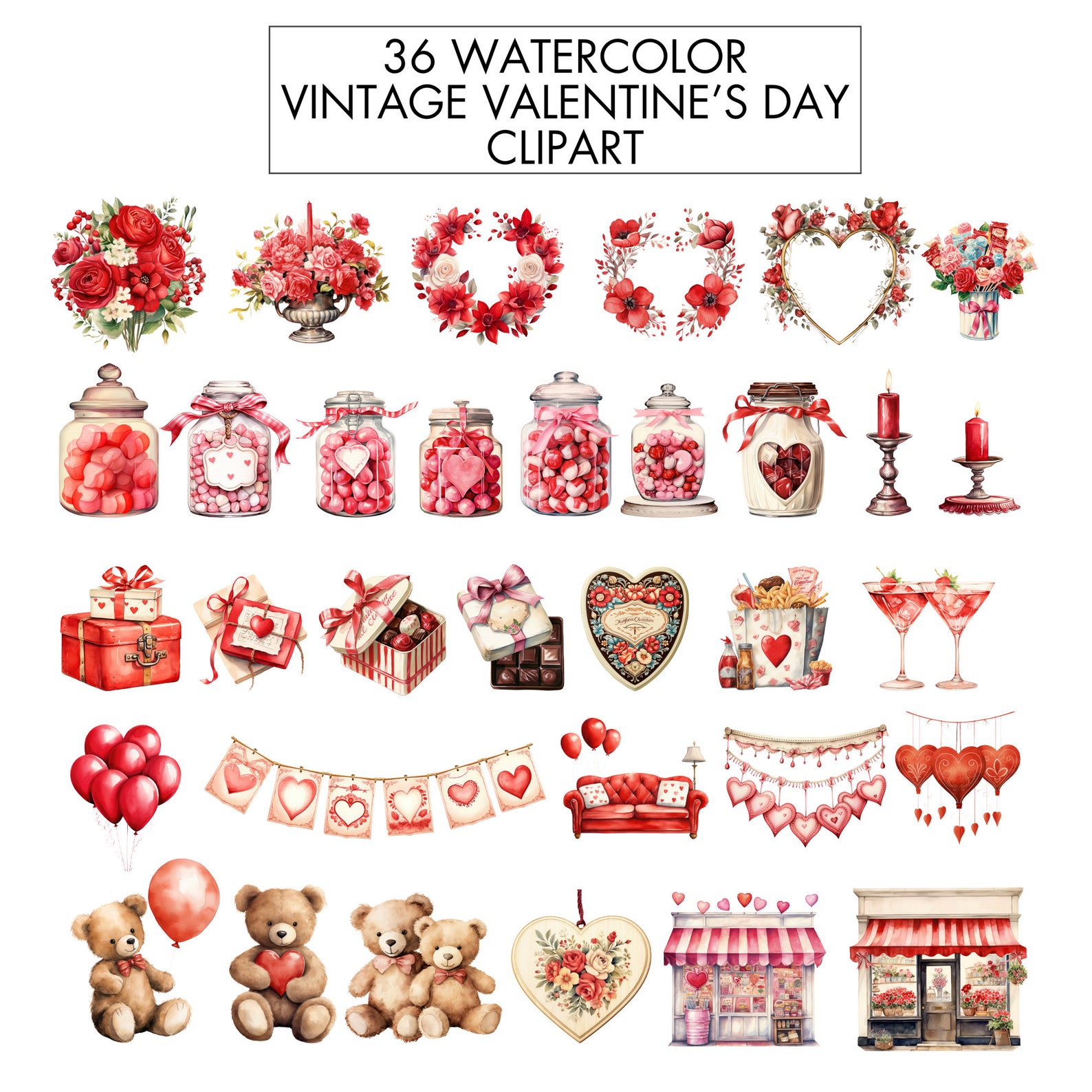 Watercolor Vintage Valentine's Day Clipart Bundle: 36 PNG Files ...