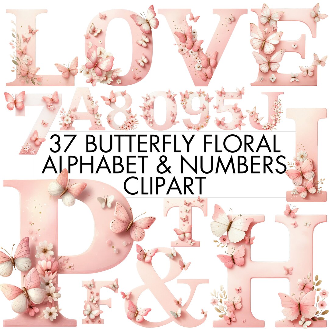 Watercolor Pink Butterfly Floral Alphabet Clipart, A-Z Letters, 0-9 ...