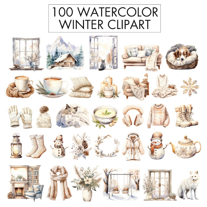 100 Watercolor Winter Clipart: Cozy Hygge PNG Images (commercial Use ...