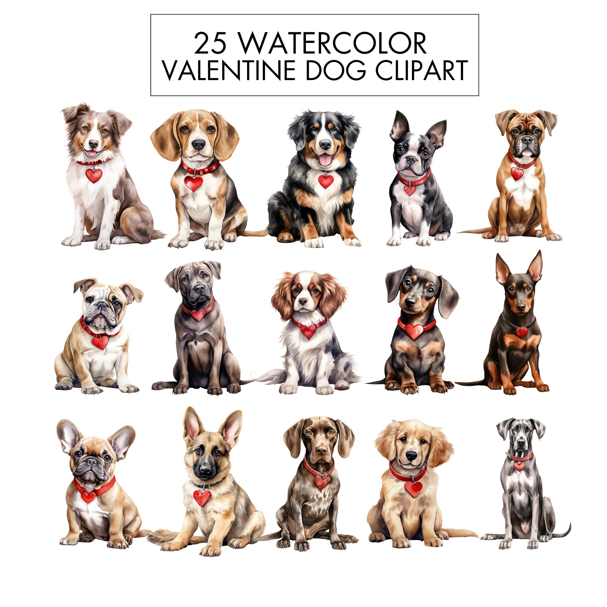 Watercolor Valentine Dog Clipart, Valentine's Day Dogs With Red Heart ...