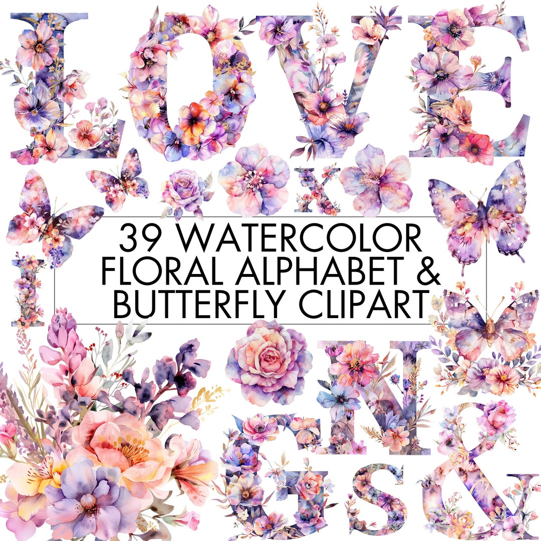 Watercolor Floral Alphabet Letters PNG Clipart Bundle With Butterfly ...