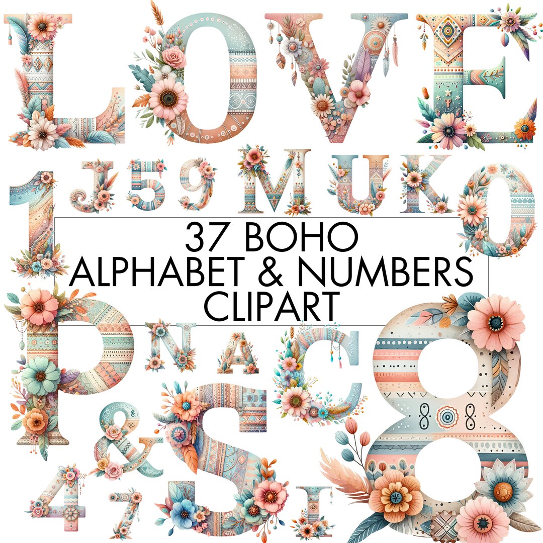 Boho Letters and Numbers Clipart PNG Bundle, A-Z Letters, 0-9 Numbers ...