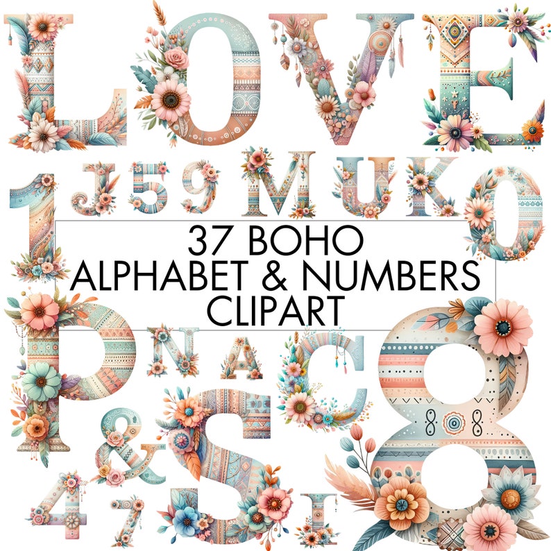 Boho Letters and Numbers Clipart PNG Bundle, A-Z Letters, 0-9 Numbers ...