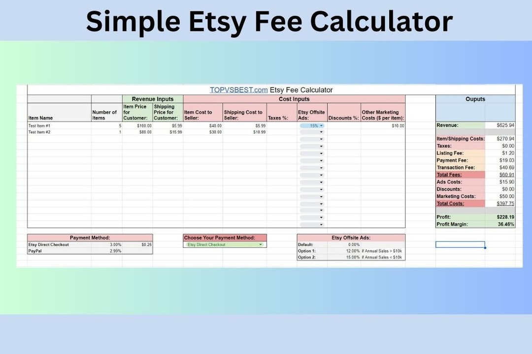 Simple Etsy Fee Calculator (excel, Google Sheets) - Etsy