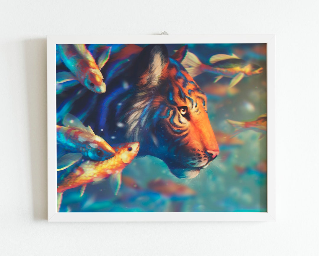 Tiger With Gold Fishes Poster Watercolor Artwork Photo Print Home Decor ...