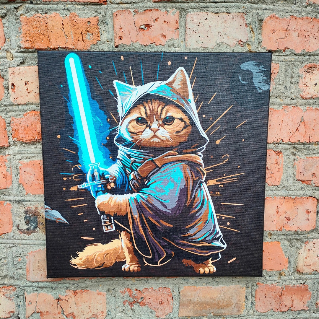 Jedi Cat Illustration Acrylic Painting - Etsy