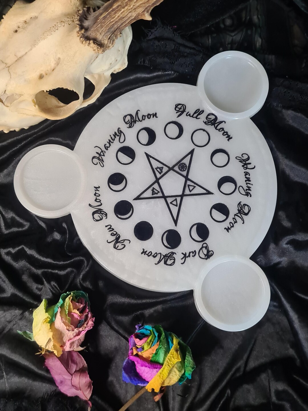White Resin Moon Phase Candle Holder – Pentagram Altar Tool for Light ...