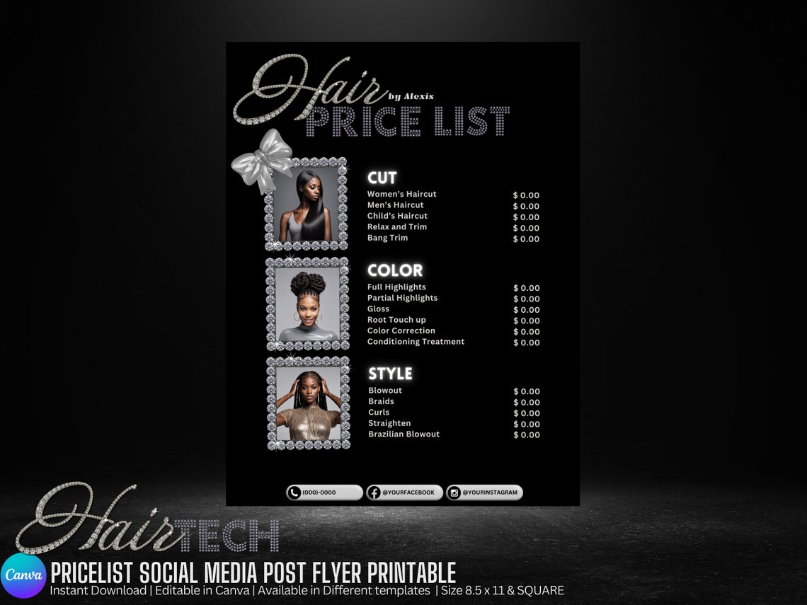 DIY Price List Template Canva, Editable Hair Stylist Template Design ...