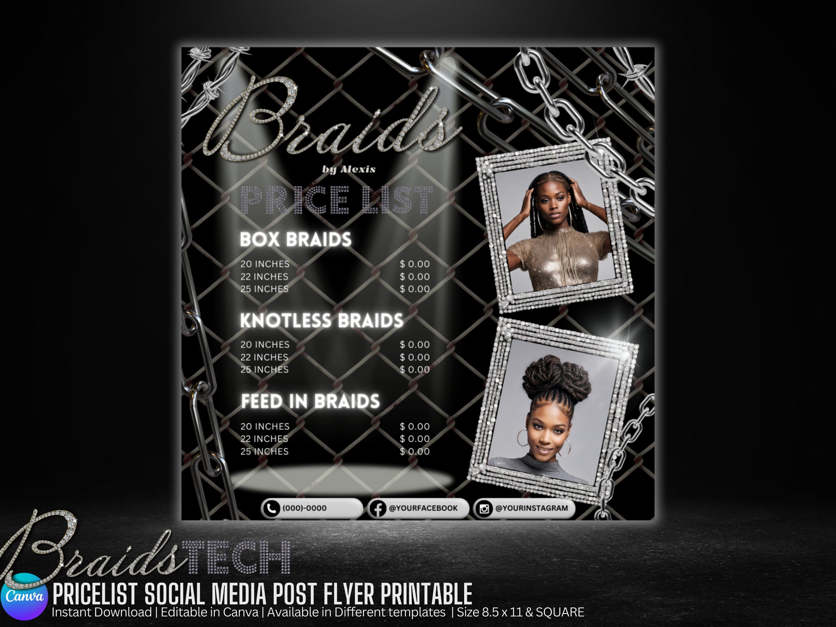 Braids Price List Flyer Template Canva, Editable Hair Stylist Beauty ...