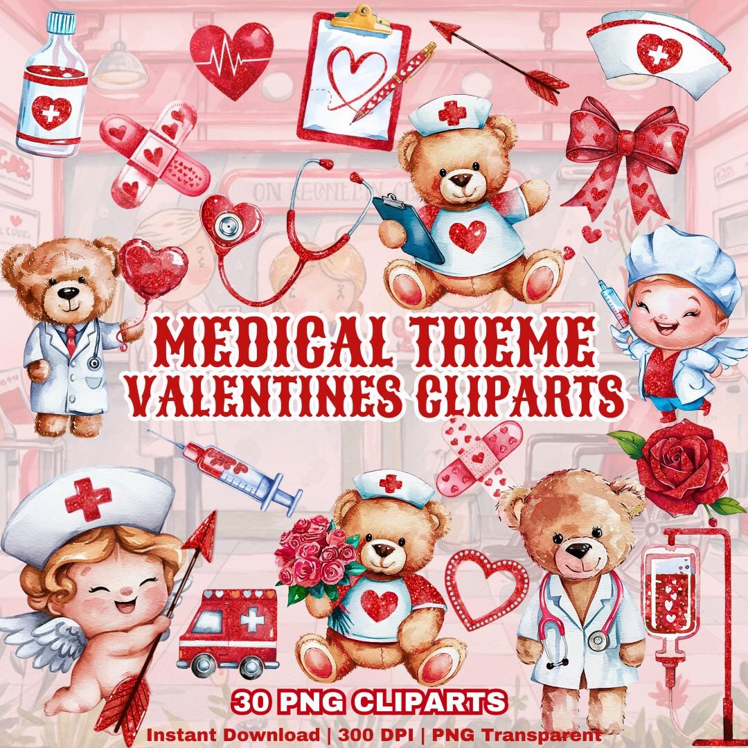 Medical Valentine Theme Hospital Clipart PNG Glitter Coquette Red Nurse ...