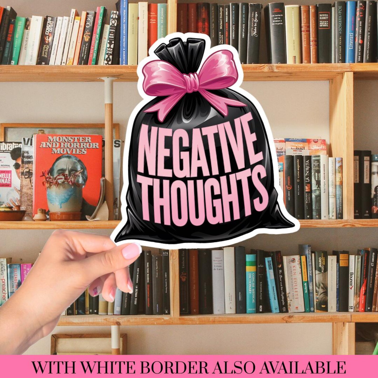 Negative Thoughts PNG Funny Trendy Trash Bag Pink Bow Digital Clipart ...