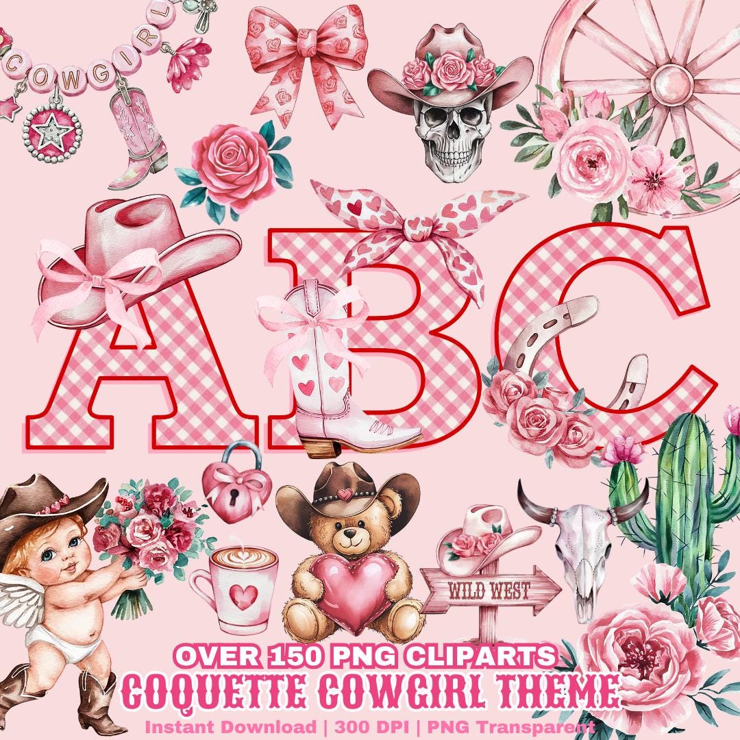 Coquette Cowgirl Font Theme Western Alphabet Valentine PNG Pink Bow ...