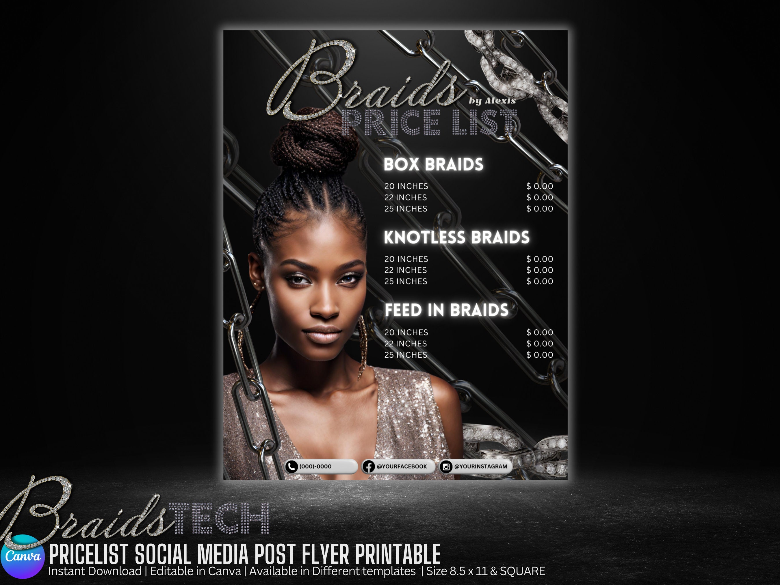 Braids Price List Flyer Template Canva, Editable Hair Stylist Beauty ...