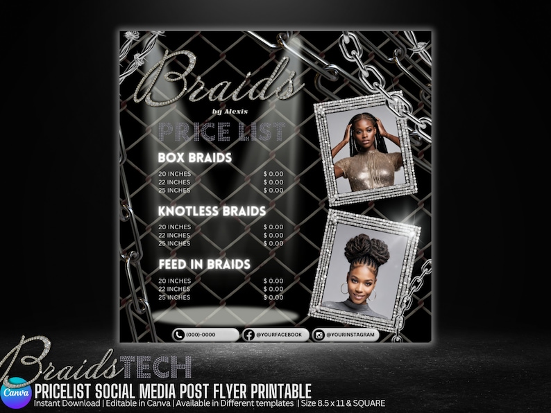 Braids Price List Flyer Template Canva, Editable Hair Stylist Beauty ...