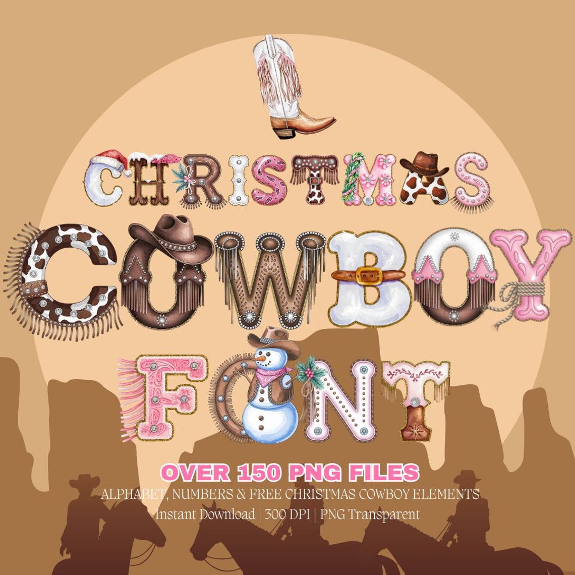 Christmas Cowboy Theme Font PNG Western Alphabet Number Letter Symbol ...