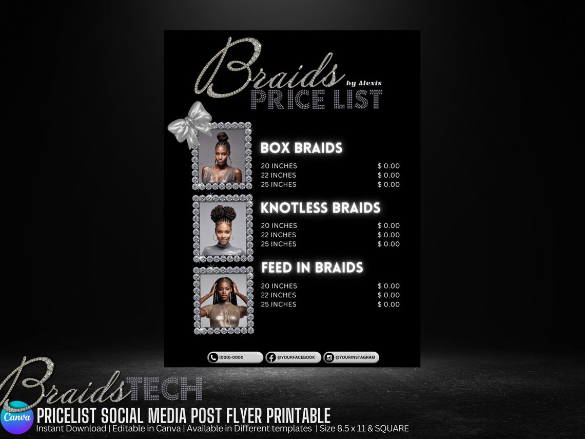 Braids Price List Flyer Template Canva, Editable Hair Stylist Beauty ...