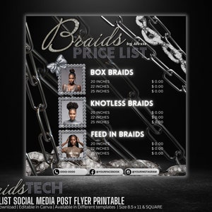 Braids Price List Flyer Template Canva, Editable Hair Stylist Beauty ...