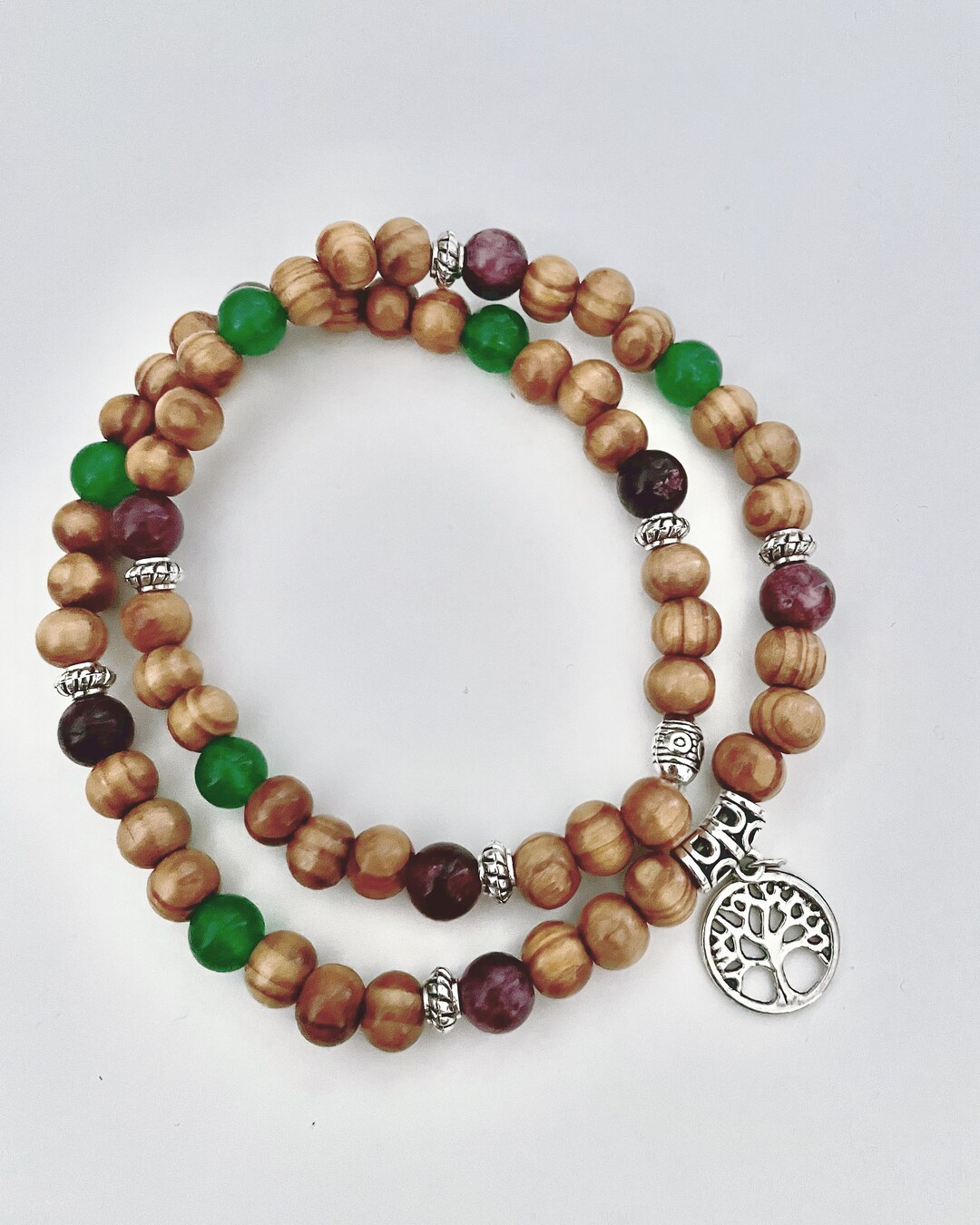 Red Garnet Green Jade & Cedar Wood Tree of Life Double Twist Charm ...
