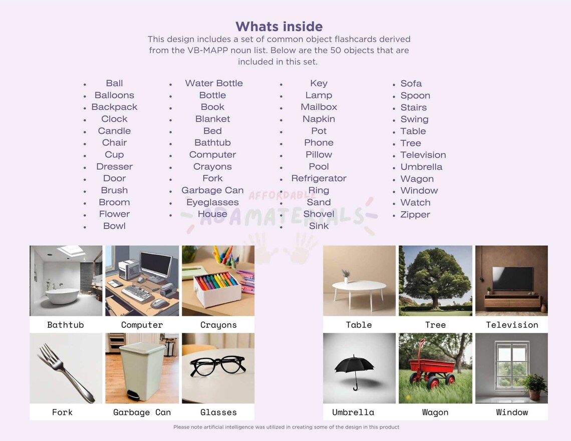 Educational 50 Common Object Flashcards Set With Pictures and Words ...