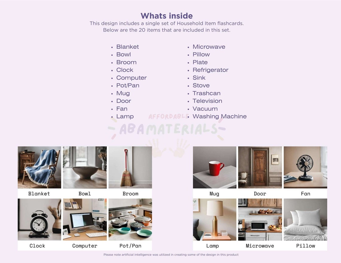 Household Item Printable Flash Cards-20 Real Images of Household Items ...