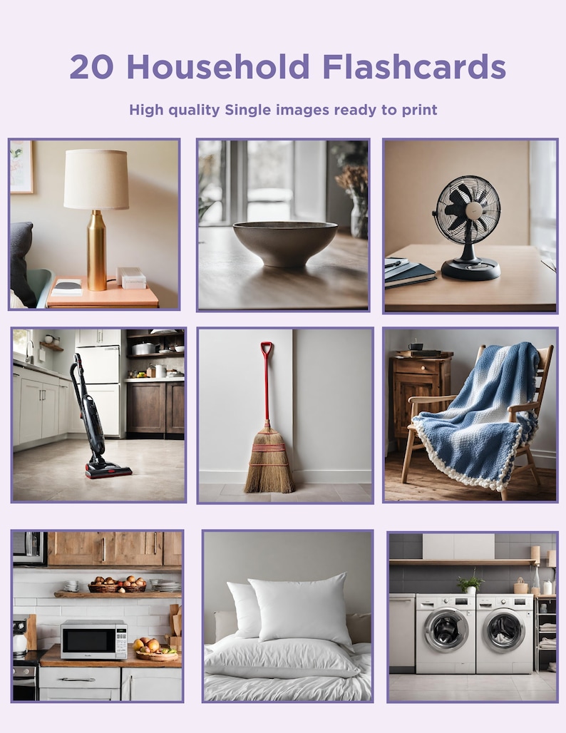 Household Item Printable Flashcards- 20 Children Flashcards, Preschool ...