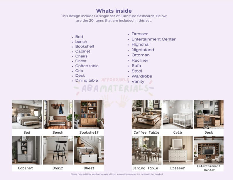 Furniture Printable Flash Cards-20 Real Images of Furniture Items With ...