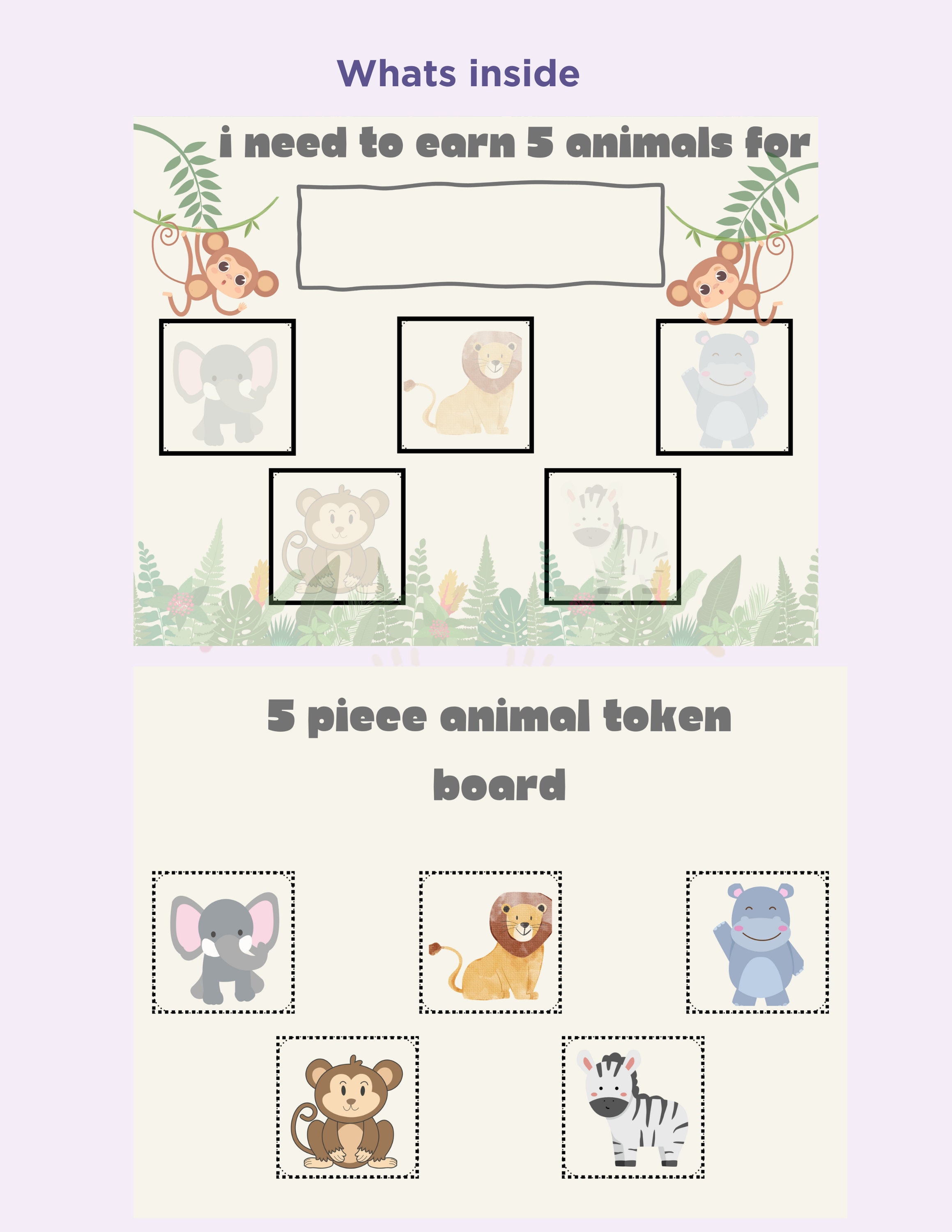Printable Animal Themed 5 Piece Token Board for Kids- Visual Aid for ...