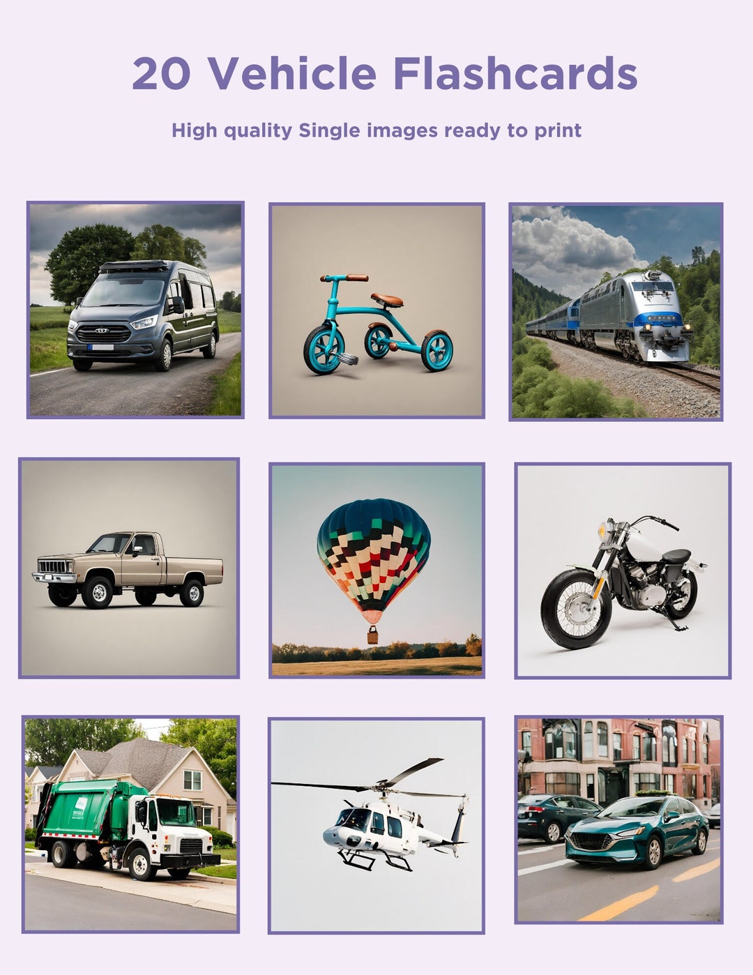 20 Vehicle Flash Cards Educational Cards for Kids and Teachers ...