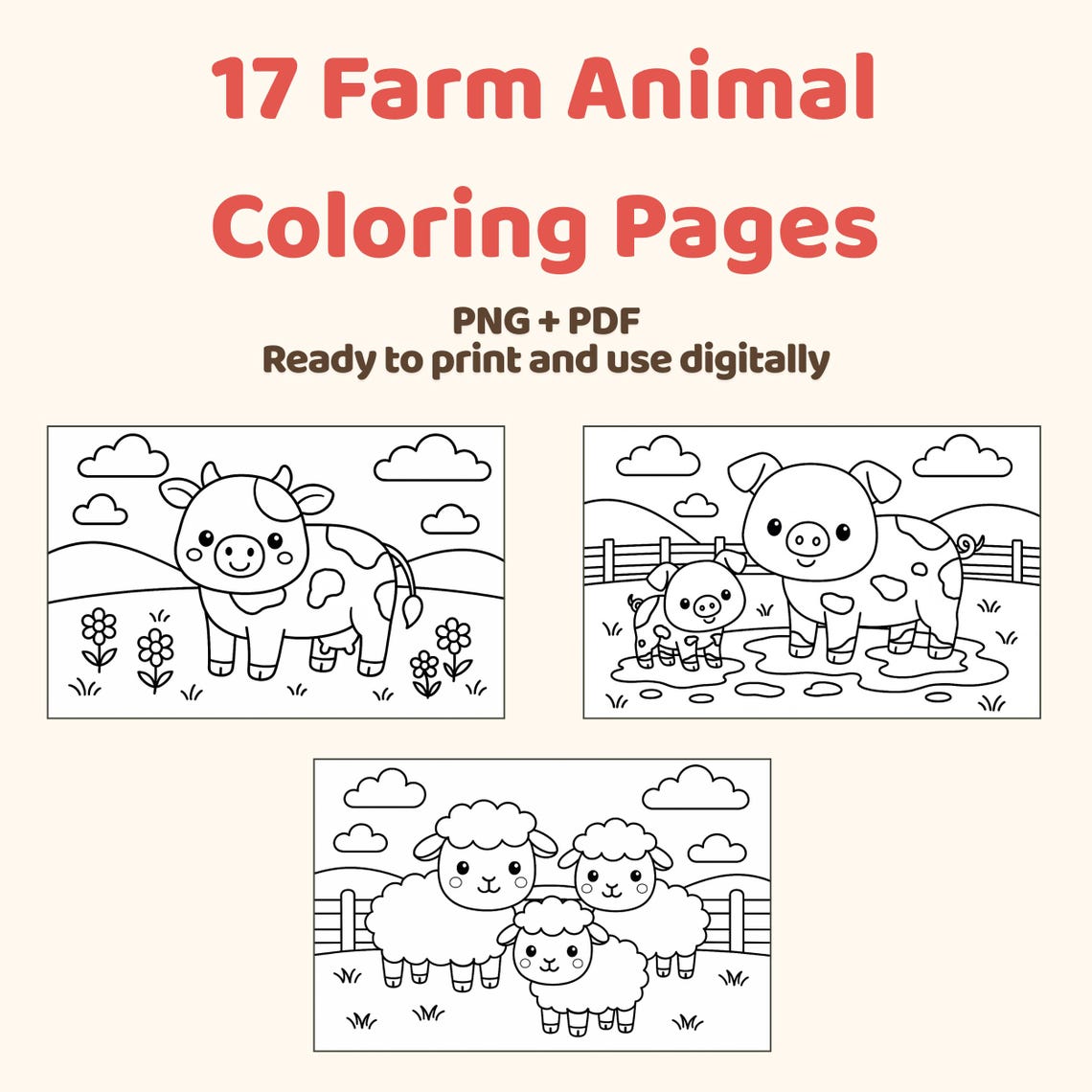 Farm Animal Coloring Pages for Kids – 17 Cute Kawaii Printable Sheets ...