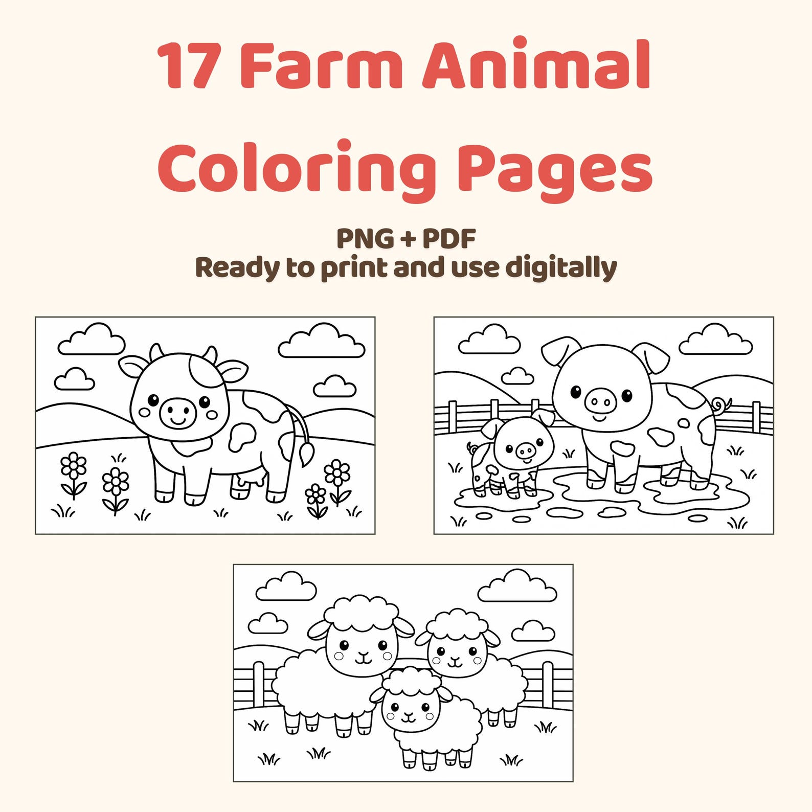 Farm Animal Coloring Pages for Kids – 17 Cute Kawaii Printable Sheets ...