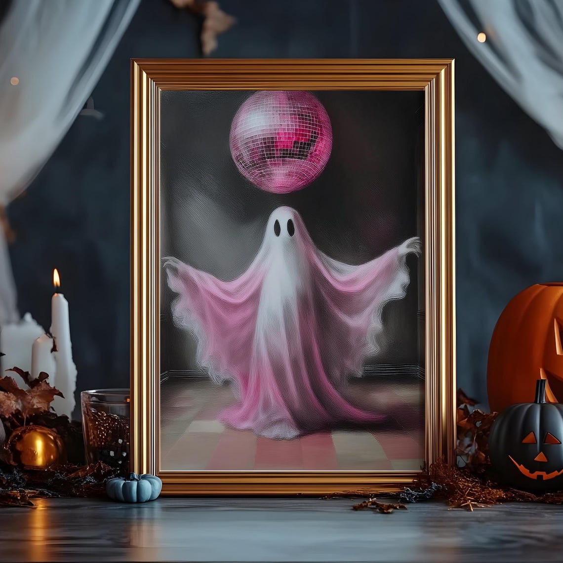 Halloween Ghost Print in Pink Disco Ball Instant Download Printable ...