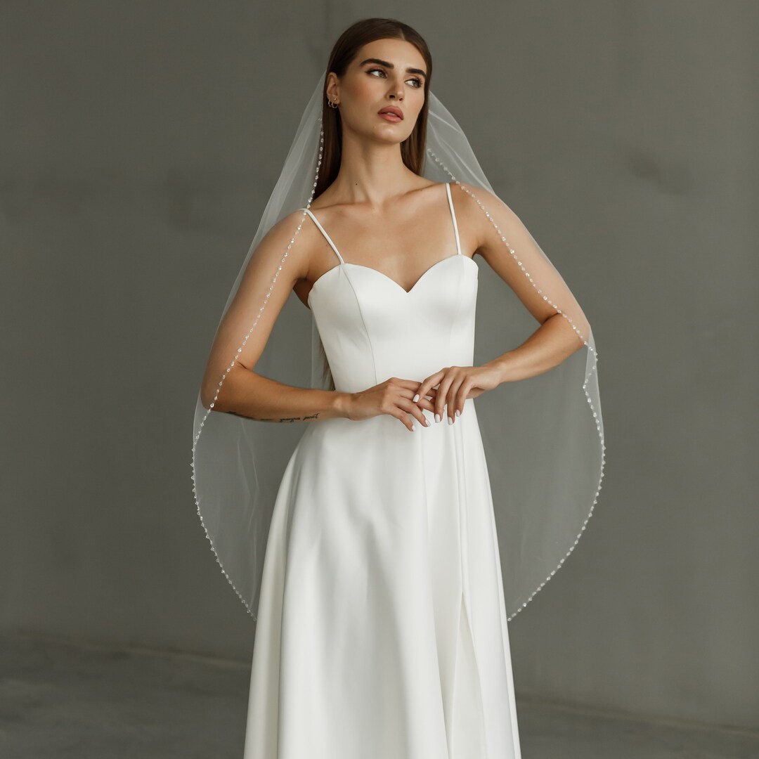 Simple Wedding Vail, Simple Hair Wedding, Beaded Bridal Veil, Beaded ...