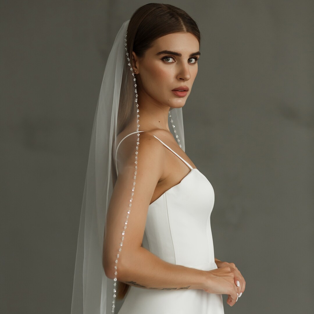 Beaded Bridal Veil, Beaded Fingertip Veil, Beaded Wedding Veil, Simple ...