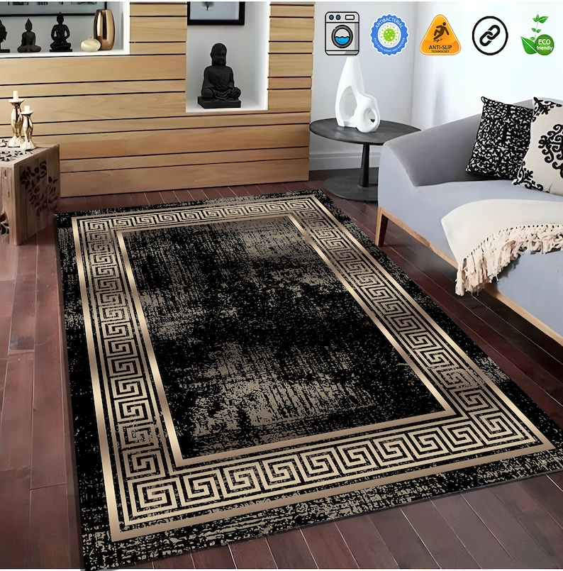 Gold Framed Marble Patterned Carpet, Luxury Rug,black Gold Carpet ...