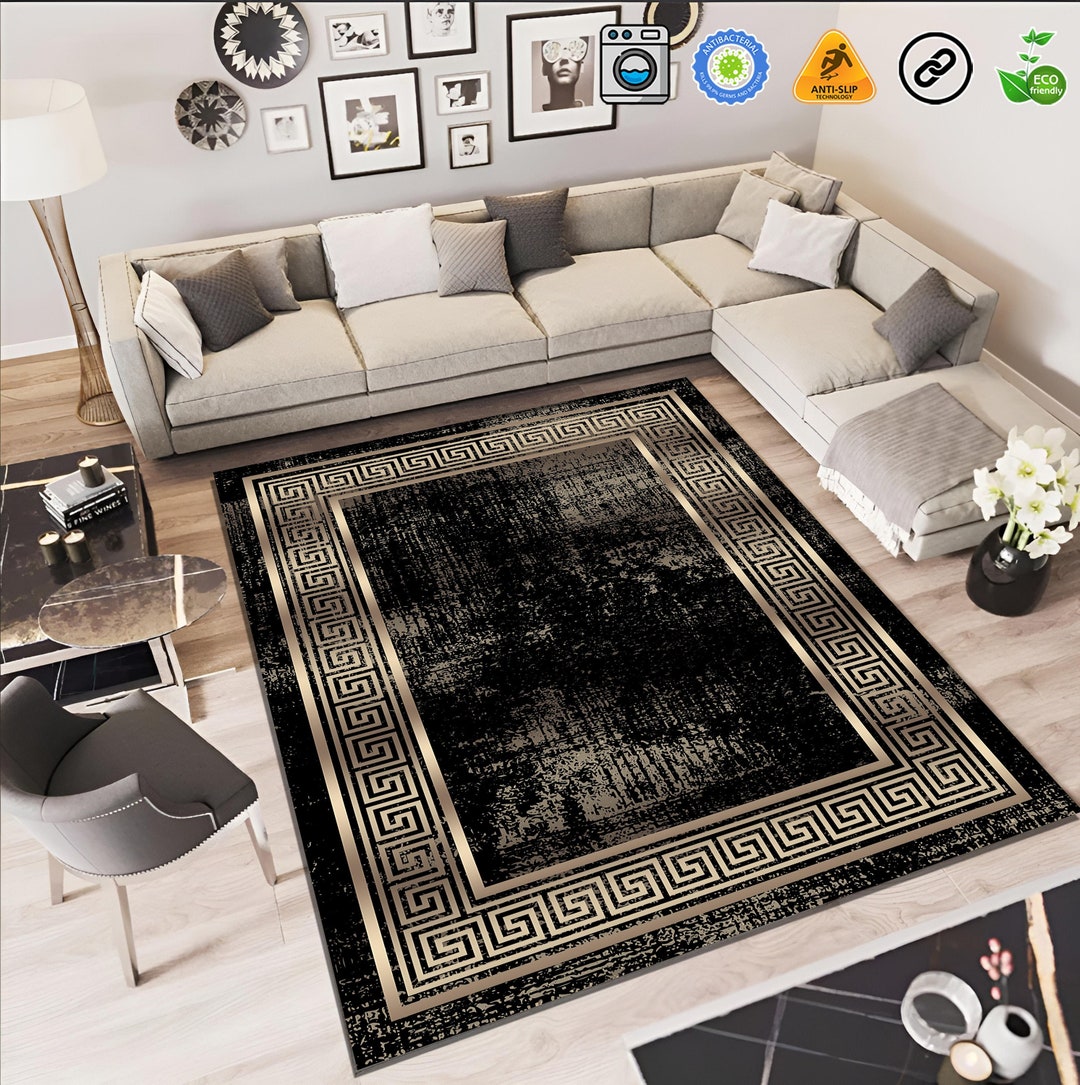 Gold Framed Marble Patterned Carpet, Luxury Rug,black Gold Carpet ...
