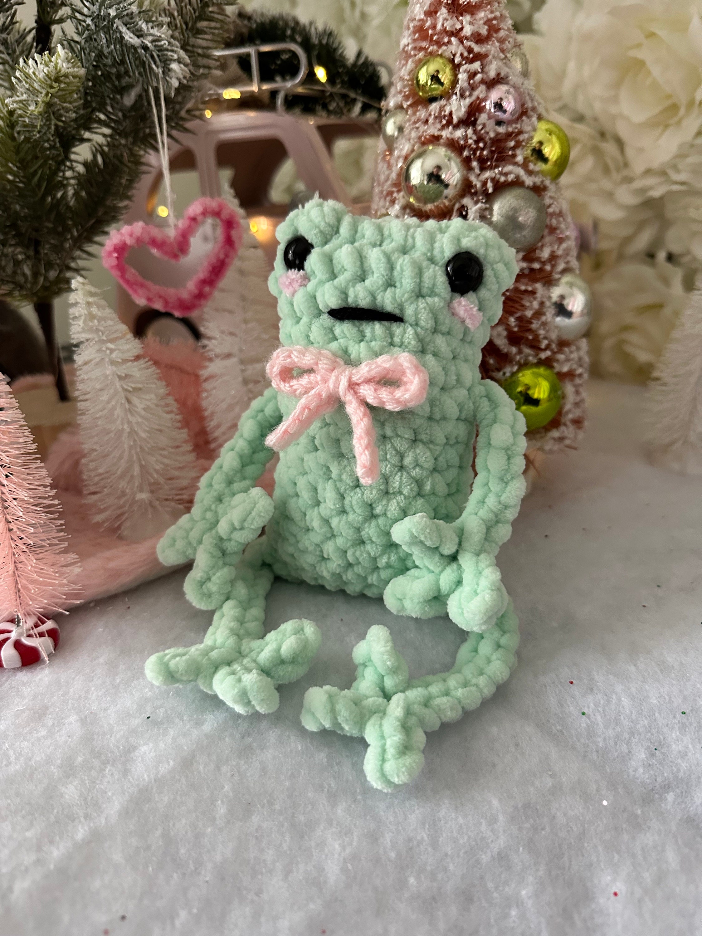 Coquette Crochet Frog Plushie, Leggy Froggy With Pink Cheeks and Pink ...