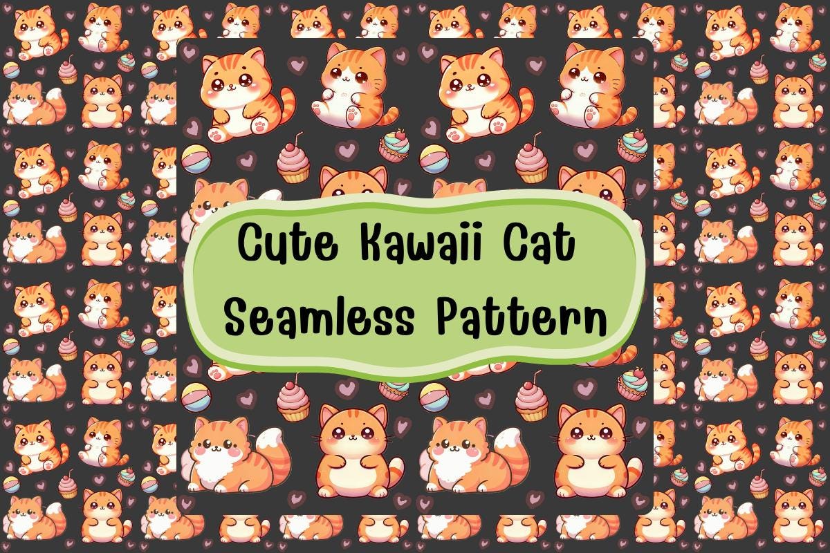 Cute Kawaii Cat Seamless Pattern | Digital Paper | Instant Download ...