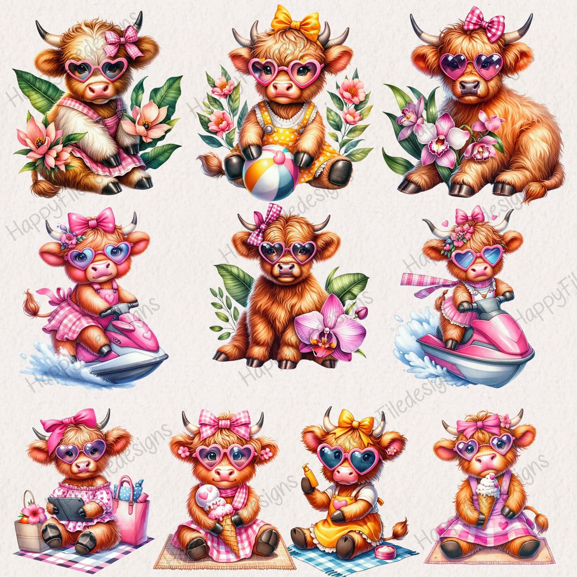 Watercolor Summer Highland Cows Clipart, Baby Highland Cow PNG, Summer ...