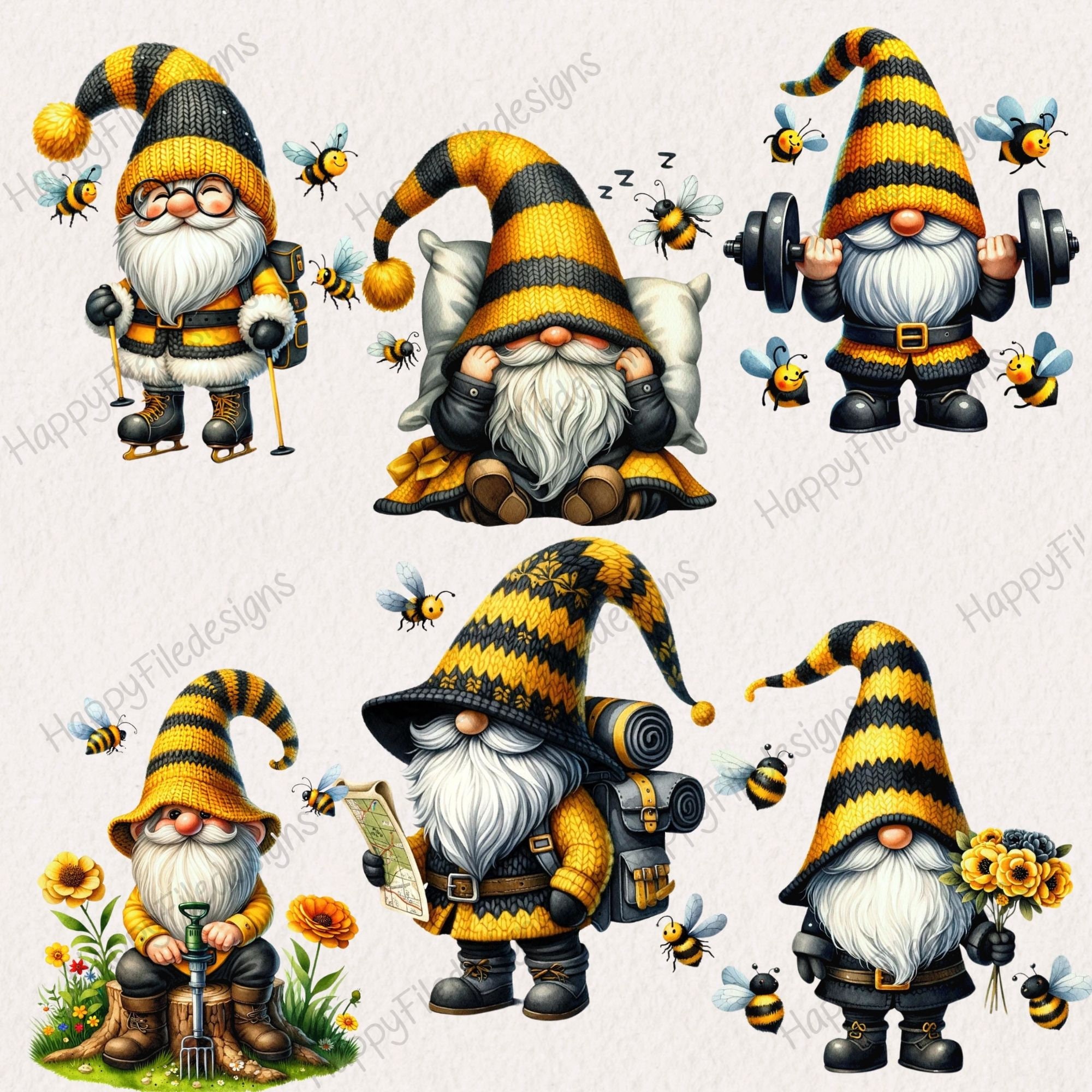 Watercolor Cute Bee Gnome Clipart, Bumble Bee Gnomes PNG Design, Bumble ...