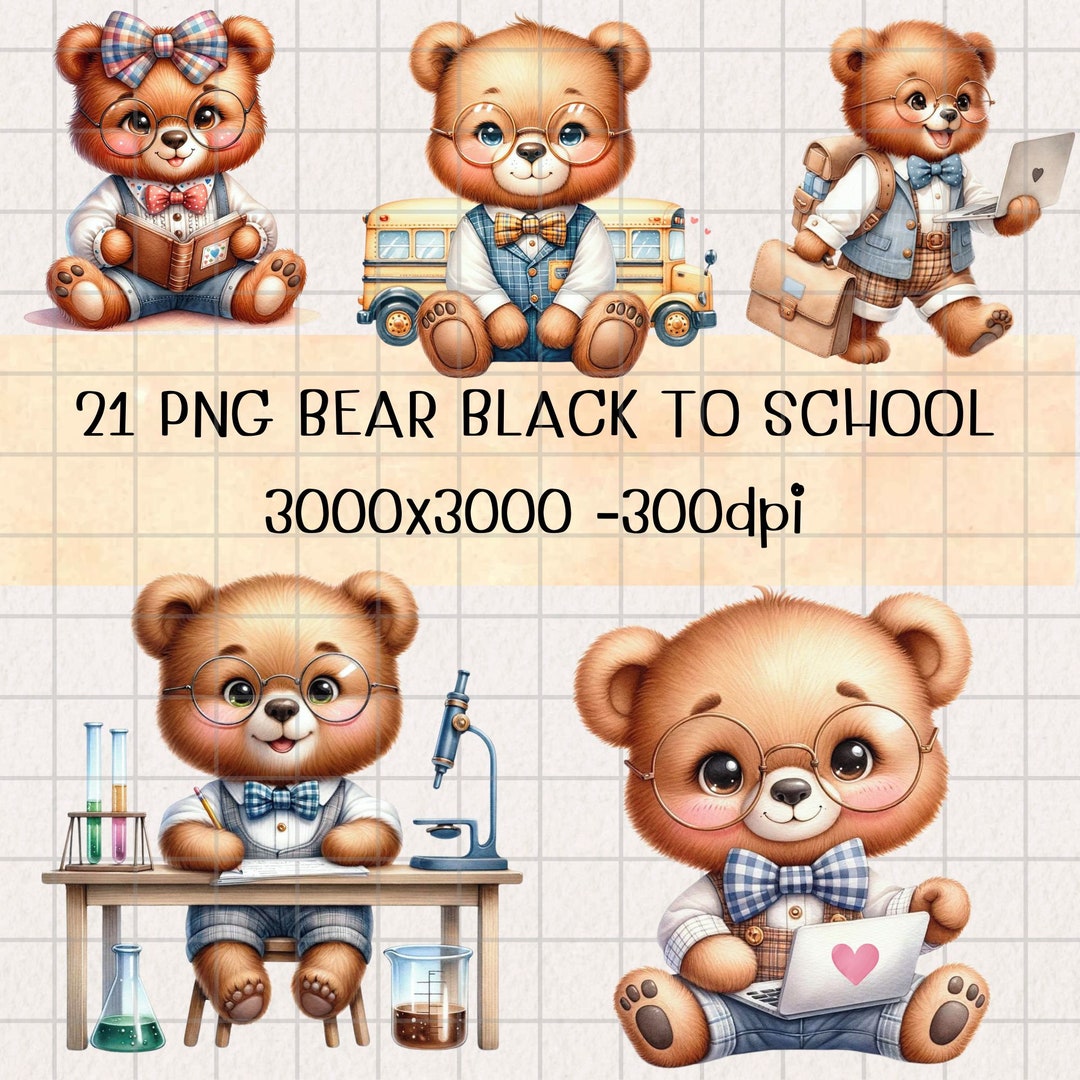 Watercolor Teddy Bear Clipart: Back to School PNG Bundle (digital ...