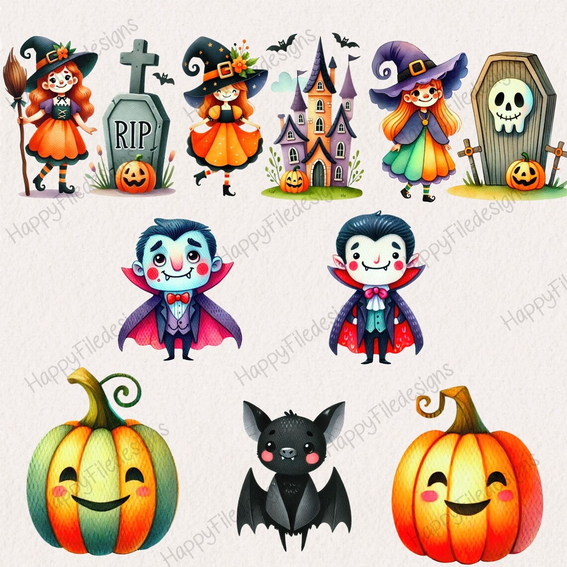 Watercolor Cute Halloween Clipart, Cute Halloween Graphics and Decor ...