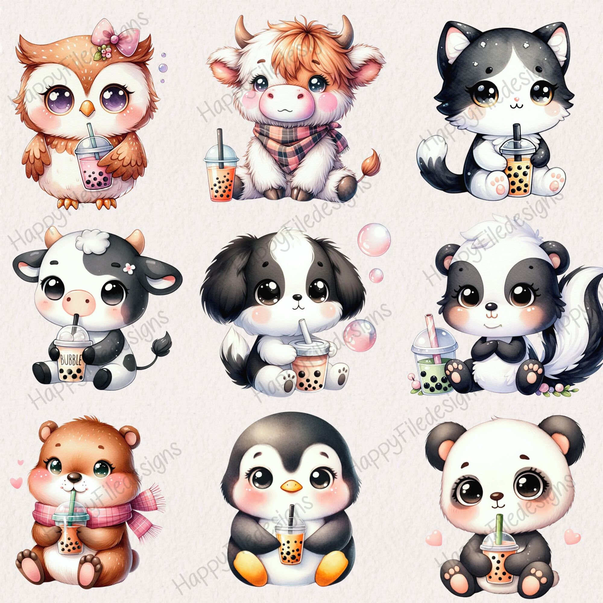 Cute Animals Drink Boba Tea Clipart, Bundle Set Kawaii Animal Cartoon ...