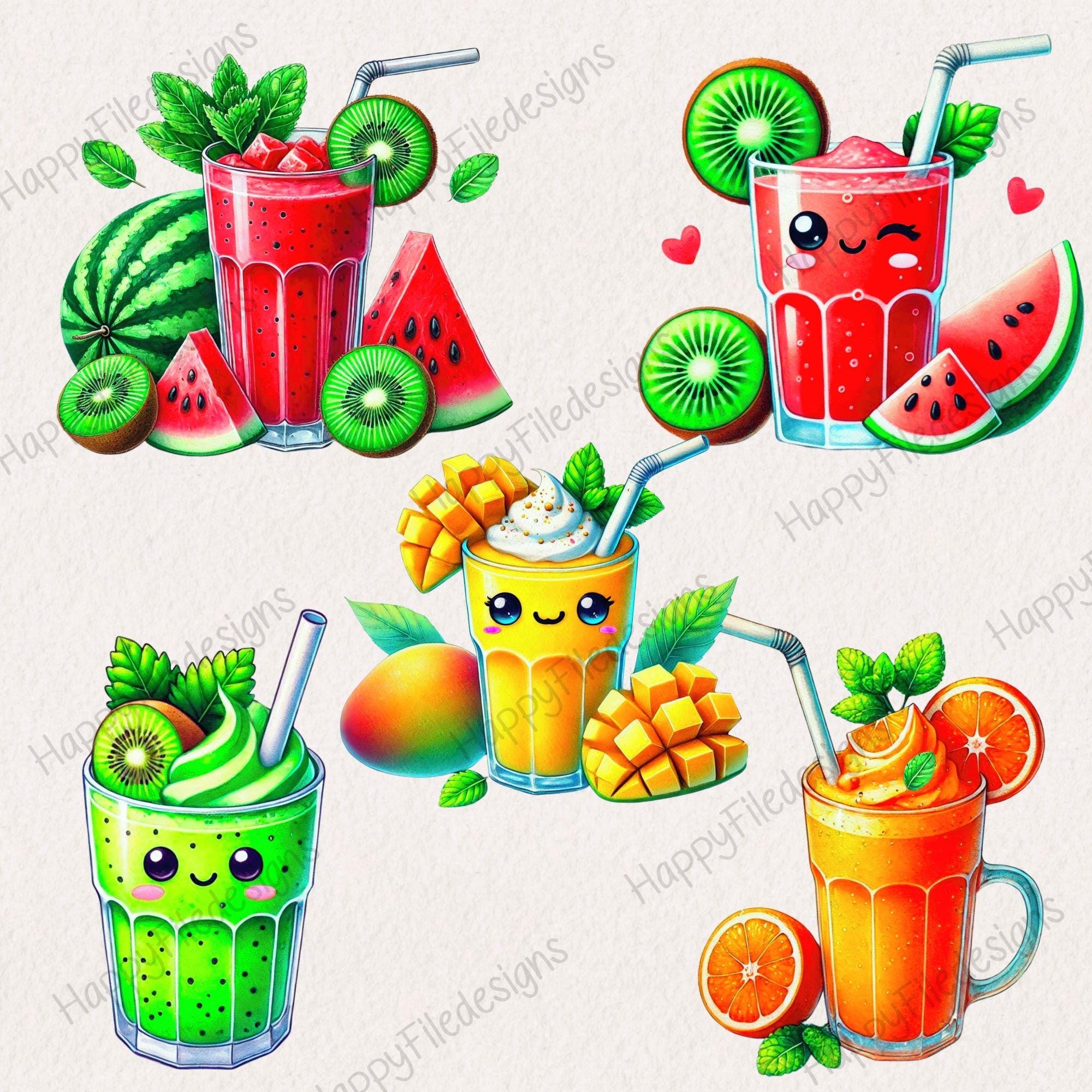 Watercolor Kawaii Fruits Smoothie Clip Art, Smoothies PNG, Summer Fruit ...