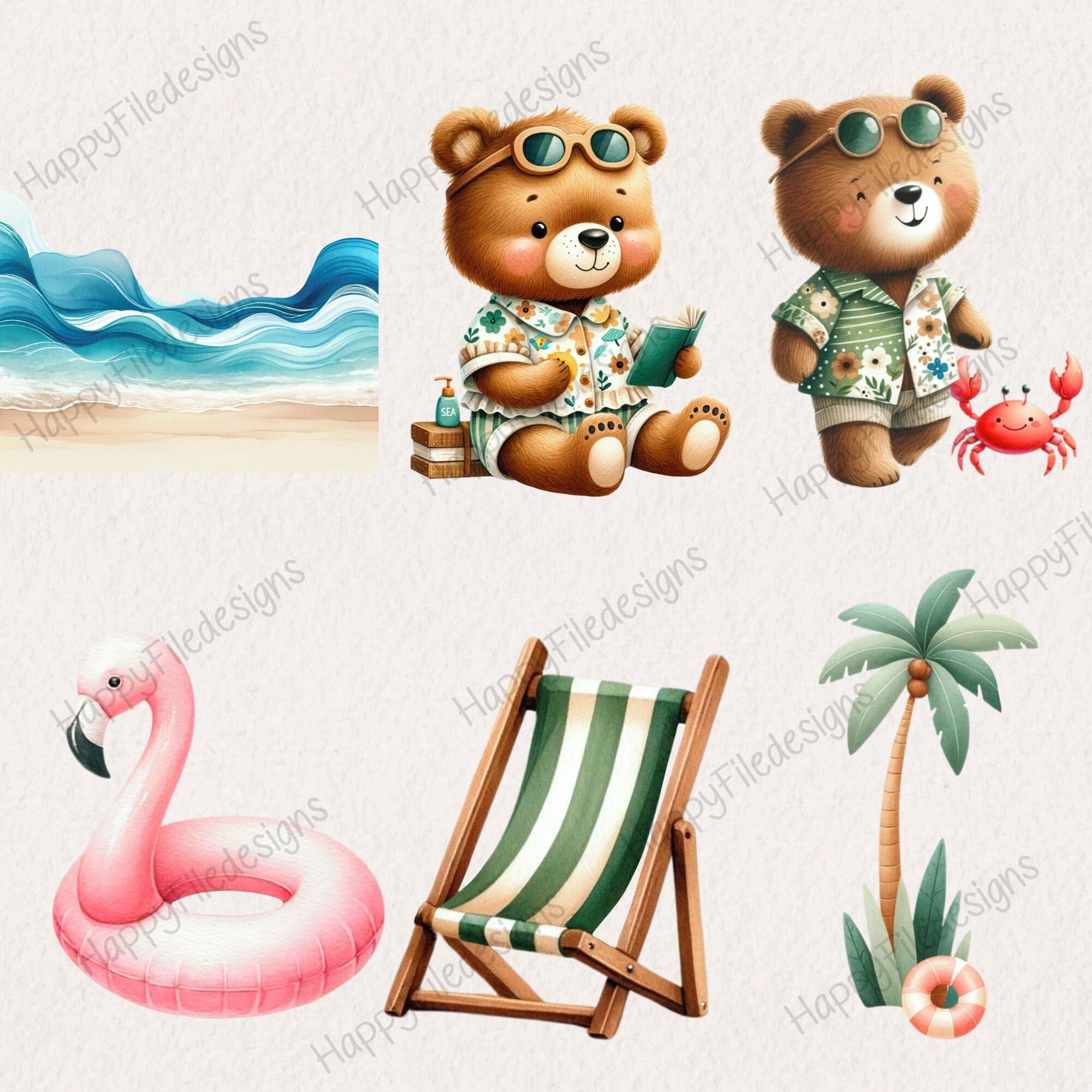 Watercolor Summer Bear Clipart, Baby Bear Clipart, Beach Bear PNG, Cute ...