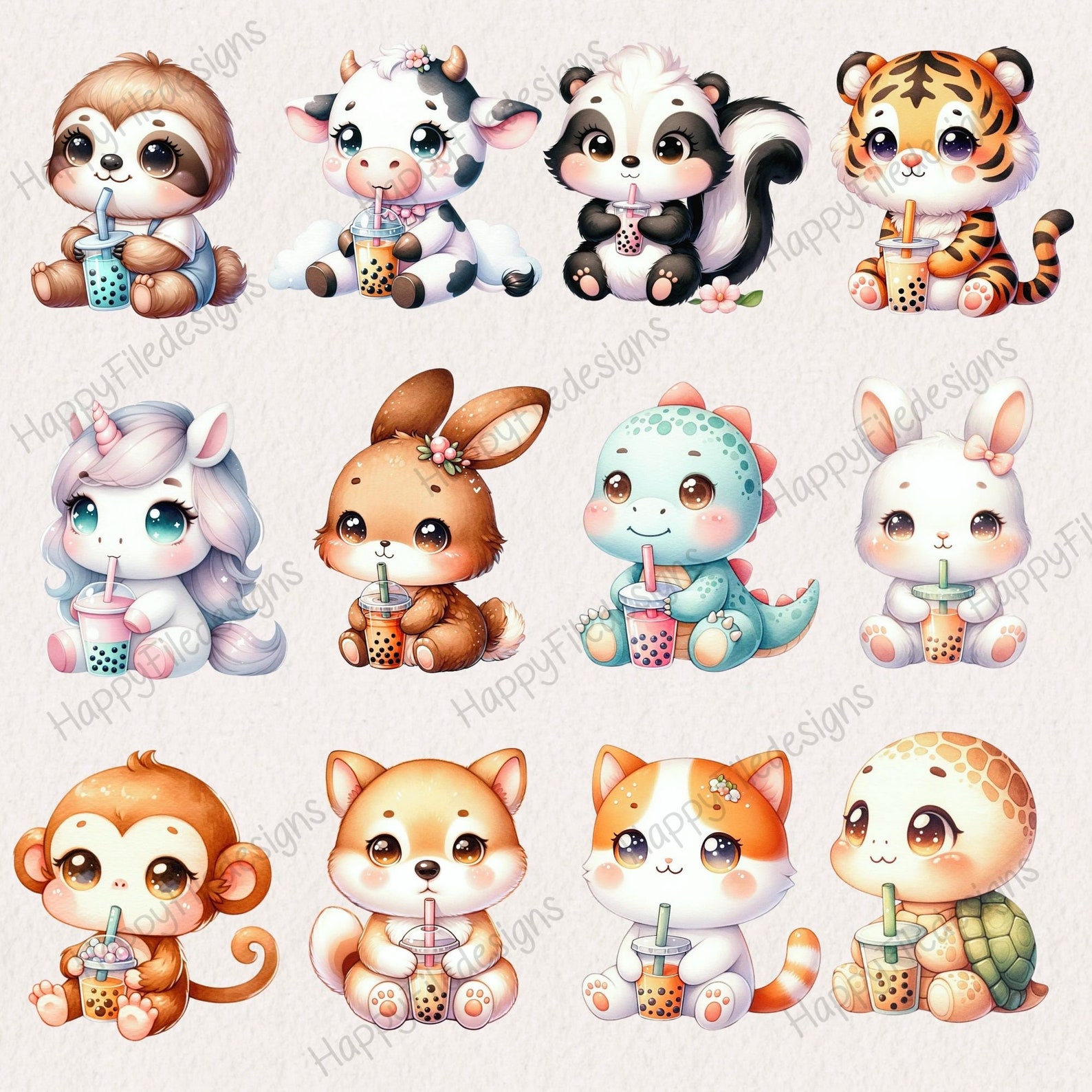 Cute Animals Drink Boba Tea Clipart, Bundle Set Kawaii Animal Cartoon ...