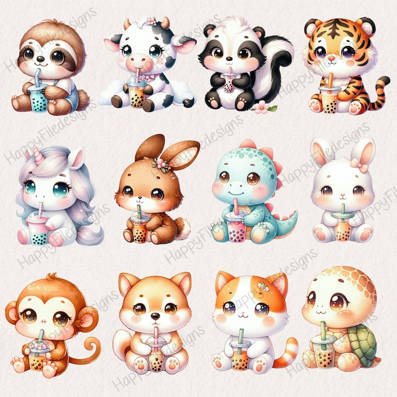 Cute Animals Drink Boba Tea Clipart, Bundle Set Kawaii Animal Cartoon ...