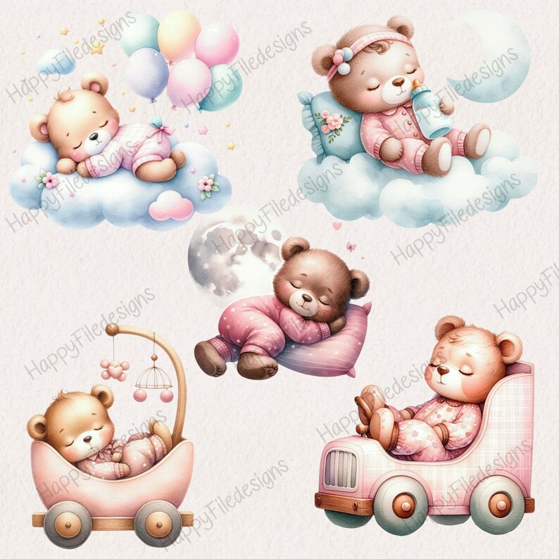 Watercolor Sleeping Teddy Bear Clipart, Pink Sleepy Teddy Bear Clipart ...