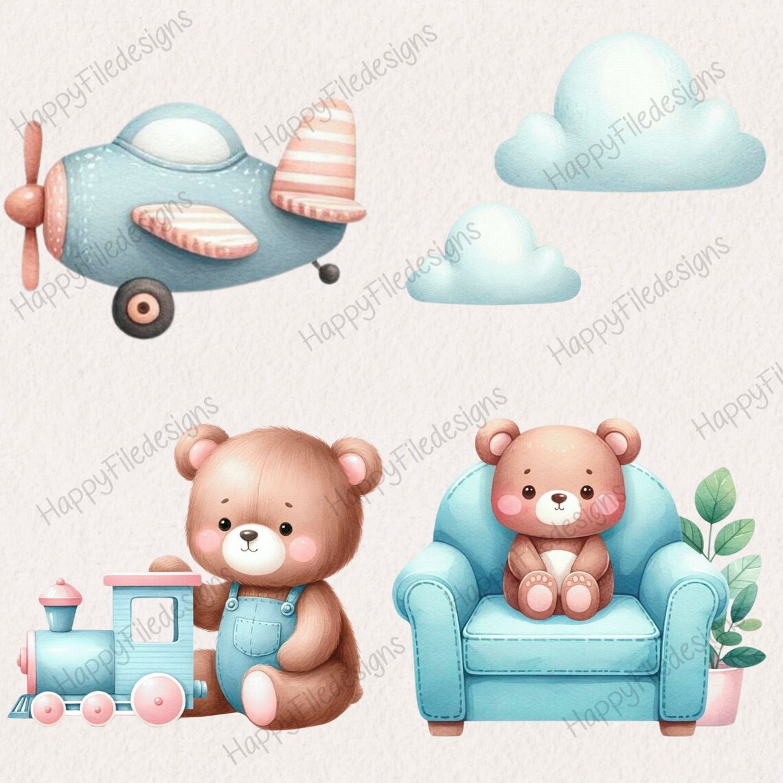 Watercolor Teddy Bear Clipart for Boy, Watercolor Baby Shower Clipart ...